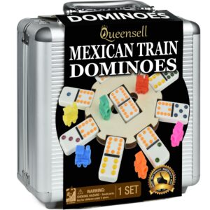 queensell mexican train dominoes set with wooden hub, domino tile board games - double 12 dominos set for family game night for adults and kids ages 8 and up (double 12)