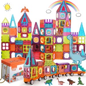 magnetic tiles building blocks with 4 cars magnet train set for kids construction stem toy preschool educational creativity learning brithday gift for girls boys toddlers 3 4 5 6 7 8