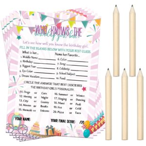 who knows the birthday girl best, 50 pieces birthday party activity game card set girly pink sprinkles themed game card with 20 pieces pre-pointed wood pencils for teen girl sleepover slumber party