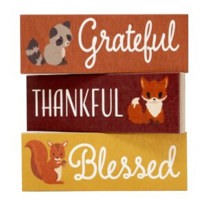 fall decorating grateful thankful blessed wood block signs – 3-piece fall decor set, thanksgiving & friendsgiving decorations, autumn tiered tray accents