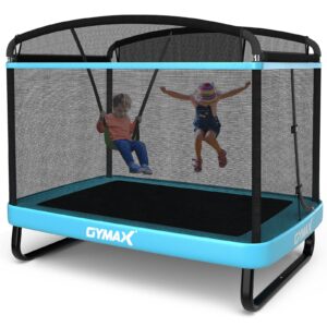 gymax 6ft kids trampoline with swing, astm approved rectangle recreational trampoline with enclosure safety net, indoor/outdoor baby toddler play combo bounce, birthday for boy & girl (blue)