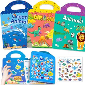 reusable sticker books for kids, 3 sets travel removable toddler sticker books for 3 4 5 year old girls boys birthday gifts educational learning toys for age 3-5 - ocean & zoo animals, dinosaur