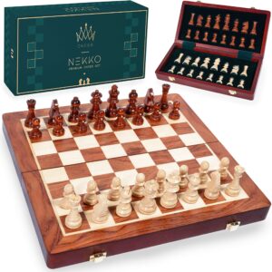 nekko premium wooden chess sets for adults & kids, handcrafted polished wooden chess pieces, 12 inch foldable chess board, easy carry wooden chess set