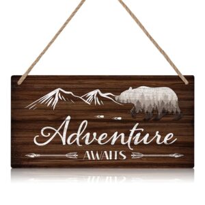 fwiexa adventure awaits inspirational quote sign hanging, rustic wooden plaque wall hanger, mountain bear arrow decorative door sign for home garden store porch decor (11''x6'')