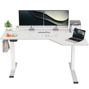 banti 55 inches l-shaped electric standing desk, white top/white frame height adjustable stand up table, home office sit to stand desk with splice board