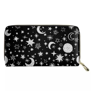 fuibeng black star and moon print women leather wallet long money purse portable coin purse with zipper cash card holder case girl handbag