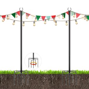 string light poles for outside, 2 pack 9ft 5 prong base poles for outdoor string lights with hooks- garden, backyard, patio light poles for wedding party deck christmas