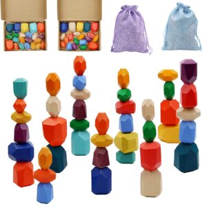 40 pcs wooden rocks balance stones building blocks set, colored wood balancing stone stacking game, lightweight natural educational preschool learning large small puzzle toy for kids (40pcs-2)