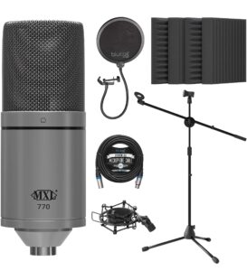 blucoil mxl 770 cardioid condenser microphone (silver) bundle 20-ft balanced xlr cable, pop filter windscreen, adjustable mic stand, and 4-pack of 12 acoustic foam isolation panel wedges