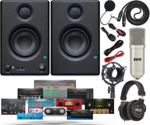 presonus pair of eris e3.5 bt 2-way studio bluetooth monitors with studio one prime daw studio magic and plug-in suite software pack and lyxpro condenser recording microphone kit and headphones