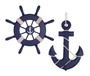 genggeng 2 pack 13" nautical anchor wall decor,beach decorations for home,nautical decorations for home,wooden anchor and wheel beach theme decor for home and wall ((dark blue))