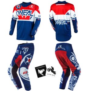 mx outfit o'neal element warhawk blue/red kids/youth (12/14 (26)/large) protective pants jersey bundle motocross dirt bike set