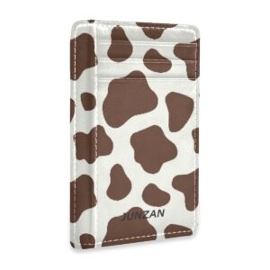 junzan slim wallet brown cow print minimalist wallets for men women leather rfid blocking front pocket card holder