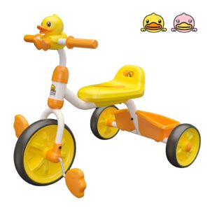 toddler tricycle outdoor trike for 1-3 years old with storage bin, cute riding toys gift for girls boys, carbon steel frame and silent wheels (yellow)