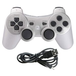 linkshare wireless controller for ps3, double vibration bluetooth gamepad remote for playstation 3 with charging cord (silver)