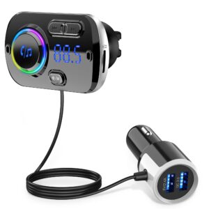 bluetooth car adapter, wireless bluetooth 5.0 fm transmitter for car, qc 3.0 fast car charger, mp3 music player hand-free call 7 colors led backlit dual usb ports tf card aux