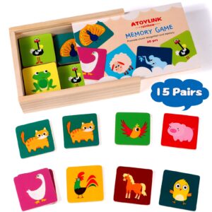 atoylink matching memory game for kids 3 and up - 30pcs cute animal wooden memory card matching games camp concentration memory games for toddler boys and girls