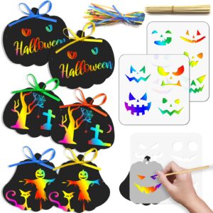 72pcs halloween scratch paper, scratch art paper crafts halloween magic rainbow scratch paper with 24 wooden sticks and 72 colorful ribbons, halloween art cards perfect for kids church diy(pumpkin)