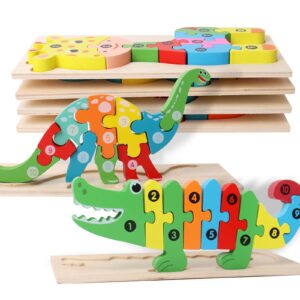 shierdu wooden puzzles for kids, toddler number puzzle, old wooden dinosaur puzzles and animal jigsaw toys for boy girl ideal gift, 2-6 years, pack of 6, 2-1