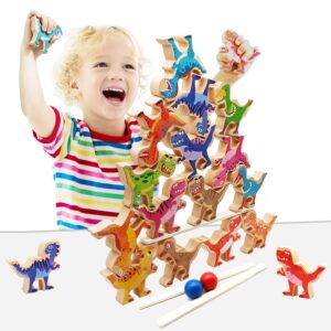 uwbgrt dinosaur toys for kids, wooden stacking toys set with 16pcs large dinosaur blocks,3 balance broads, 2 balls for 4 5 6 year old toddler