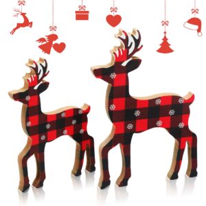 jetec 2 pieces vintage christmas decorations reindeer christmas decoration rustic reindeer standing tabletop decoration for home lawn garden decor (plaid style)