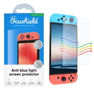 ocushield anti blue light tempered glass screen protector for nintendo switch console - protect kids eyes from strain and fatigue