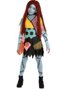 party city sally costume for girls, the nightmare before christmas - costume includes patchwork dress, red wig, arm warmers & tights - costumes for halloween, birthday parties & themed event