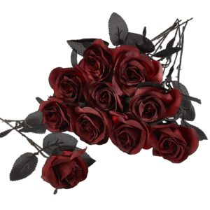 tuzazo 10pcs artificial rose flower single stem fake silk flowers bridal wedding bouquet, realistic blossom flora for home garden party hotel office decorations (burguandy and black)