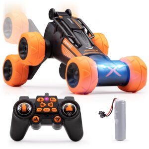 force1 atomic x remote control car for kids - 6 wheeled rc stunt car toy led double sided 360 flips rotating rc crawler wheels, 2.4 ghz remote control indoor outdoor toy for boys/girls (orange/black)