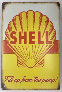 forever_usa tin metal wall sign | shell gas station 8 x 12 in. | fun decorative poster plaque for home bar room garage man cave | vintage retro style