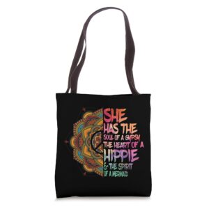 she has the soul of a gypsy the heart of a hippie peace sign tote bag