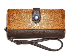 stone mountain tooled embossed slg wristlet wallet, cognac brown