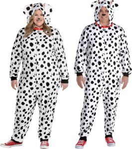 amscan dalmatian zipster adult plus xxl - stylish & cozy hooded one-piece suit in white & black polyester - perfect costume or loungewear - pack of 1