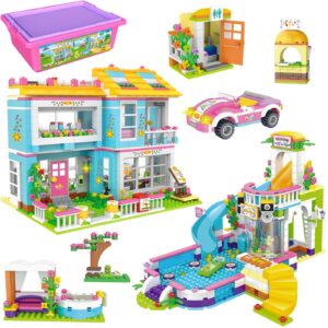 ep exercise n play friends house swimming pool water park building kit with storage box, creative roleplay building blocks toy birthday gifts for kids girls aged 6-12 (1736 pieces)