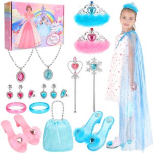 hapgo princess dress up shoes and pretend jewelry toys set, 2 pairs of princess shoes with cape tiara crowns earrings necklaces bracelets rings wands bag role play shoes for girls aged 3-6 years old