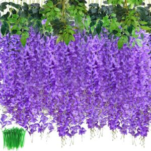 orgmemory 24 pack artificial wisteria hanging flowers fake wisteria garland silk vines ratta lush long flower string for home room wall outdoor garden wedding party decorations (purple)