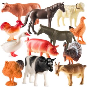 bedwina farm animal toys - pack of 12 - plastic farm animals for kids, realistic 3-5 inch ranch / barnyard animal toy figures styles include sheep, horse, goat, duck, chicken, turkey, cow, pig