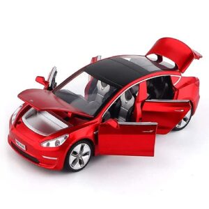 car model 3 1:32 scale alloy diecast pull back electronic toys with lights and sound, mini vehicles toys for kids gift tesla car lovers (red)