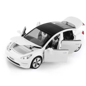 car model 3 1:32 scale alloy diecast pull back electronic toys with lights and sound, mini vehicles toys for kids gift tesla car lovers (white)