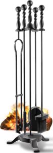 comfyhome 5-piece fireplace tools set 32'', heavy duty wrought iron fire place tool w/long fire poker, shovel, tongs, brush, stand for outdoor indoor chimney,stove, fire pit easy to assemble,black