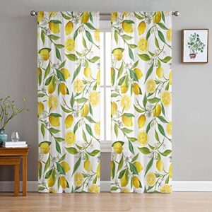 amzricher lemon sheer curtains 72 inch length 2 panels set, summer garden fruit lemon slice and leaves semi transparent voile rod pocket curtains for living dining room bedroom drapes