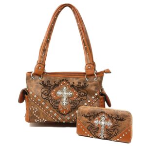 things2die4 western embroidered concealed carry purse/wallet set w/rhinestone cross (purple)