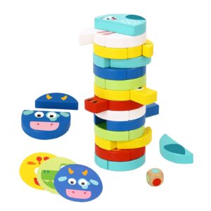 tookyland wooden tumble tower game - 61pcs - stacking blocks, animal cards and die. ages 3+