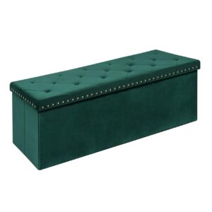 pinplus storage ottoman bench for bedroom, green ottoman folding velvet toy chest with benches foot rest stool, large long foldable chest for entryway living room, 41.3"x15.7"x15.7"