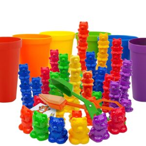 skoolzy rainbow stacking bears with matching sorting cups 69 piece set, 60 bear counters, scissor tongs, rainbow cups, storage bag, sorting dice game