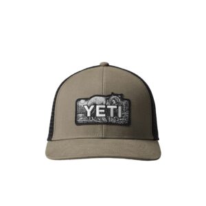 yeti bear badge trucker hat, sharptail taupe/black, one size