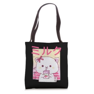 cute kawaii anime cat drinking strawberry milk japanese tote bag