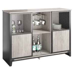 bestier industrial bar cabinet for liquor and glasses with sliding metal mesh door kitchen accent sideboard buffet wine rack with adjustable shelf home bar furniture gray