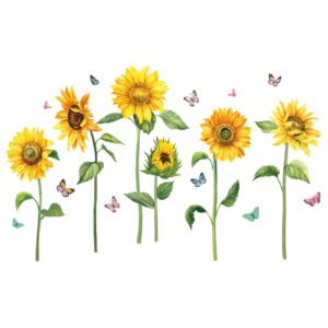 decalmile large sunflower wall decals garden flower butterfly wall stickers bedroom living room home office background wall decor