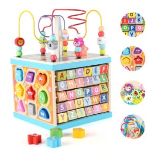 garlictoys wooden activity cube for 1 2 3 year old kids,5 in 1 multipurpose abc-123 abacus bead maze shape sorter|early educational toy for toddlers-toys for 1 year old boys girls